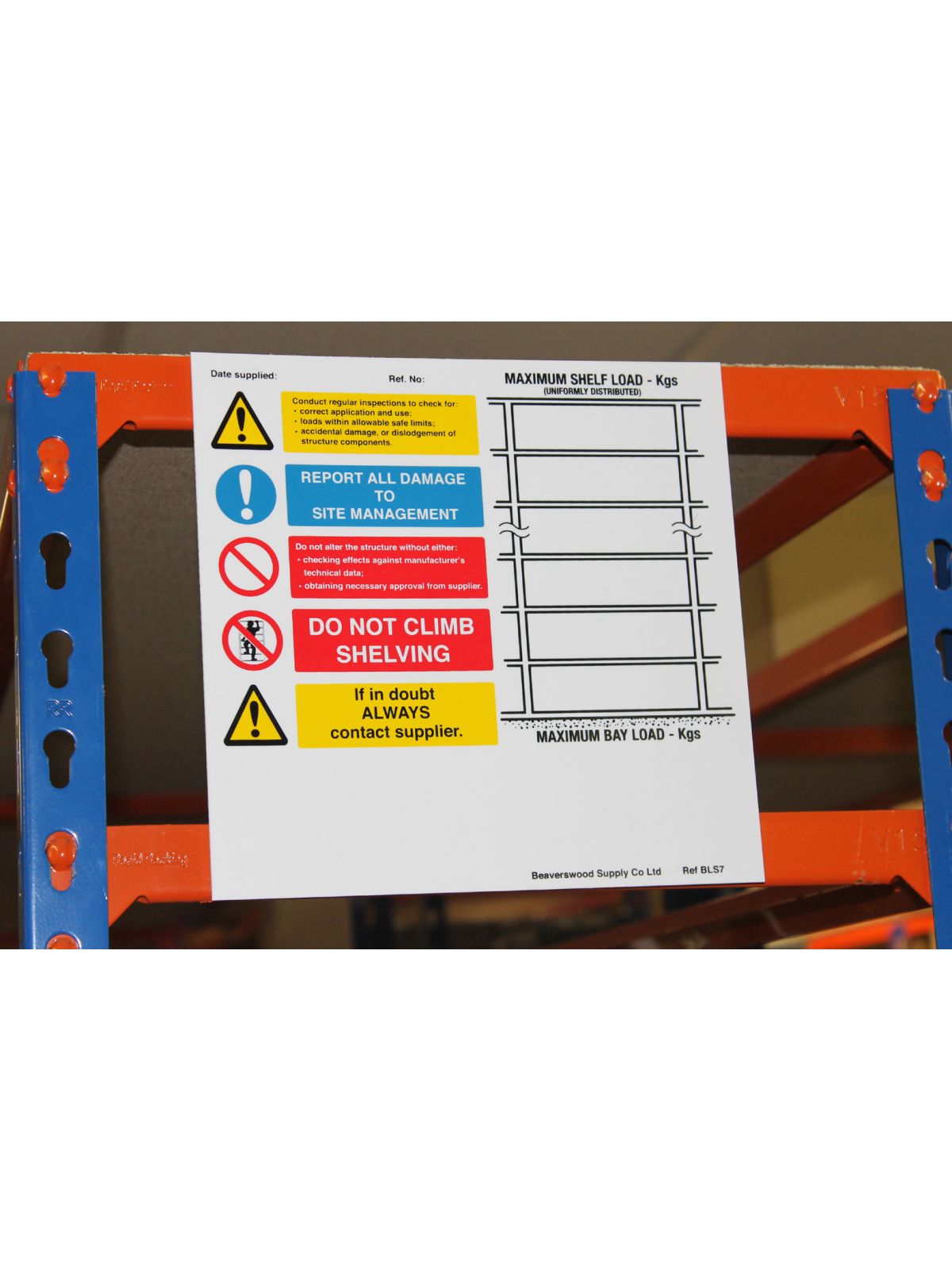 Premier Weight Load Notices – Shelving (BLS7)