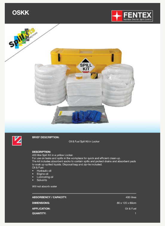 Fentex Oil & Fuel Spill Kit | 400 Litre Spill Kit in Yellow Locker