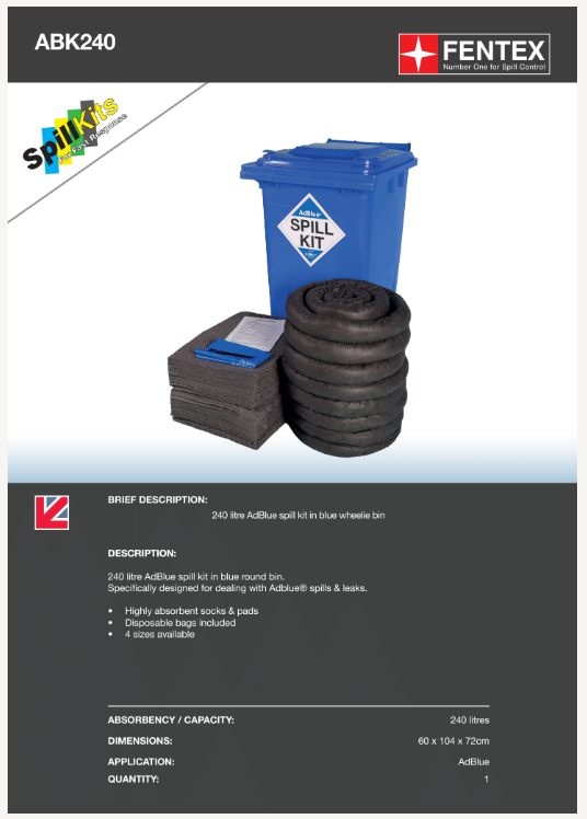 240L AdBlue Spill Kit in Blue Wheelie Bin – Comprehensive Solution for ...